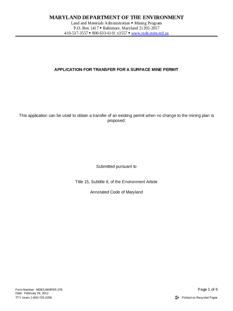 Application for Transfer for a Surface Mine Permit - mde maryland Doc Template | pdfFiller