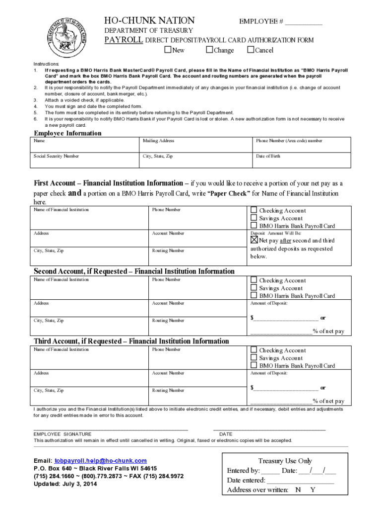 Fillable Online Ho-chunk Nation Payroll Direct Deposit/payroll Card Authorization Form Fax Email ...