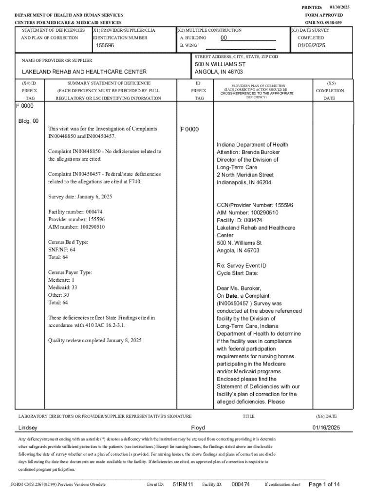 Fillable Online Statement of Deficiencies and Plan of Correction Fax Email Print - pdfFiller
