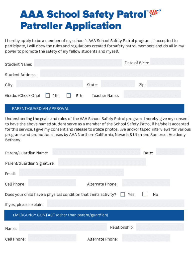 Fillable Online Aaa School Safety Patrol Application Fax Email Print - pdfFiller