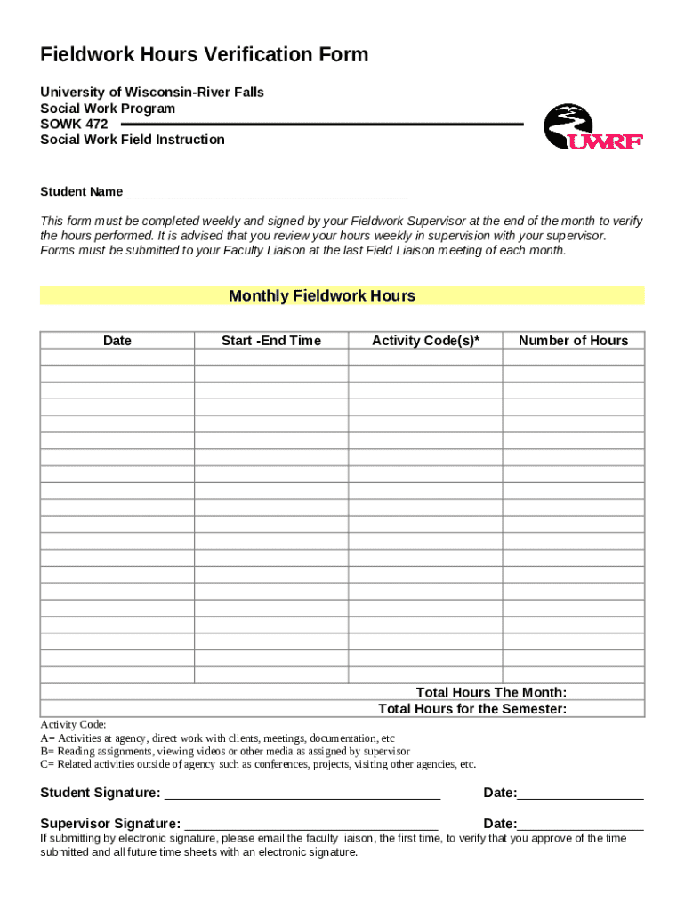 Fieldwork Hours Verification Doc Template | pdfFiller