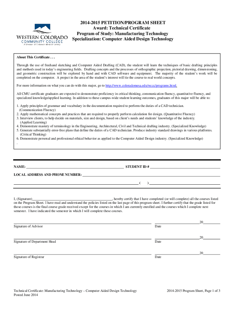 Fillable Online Technical Certificate: Manufacturing Technology – Computer Aided Design ...