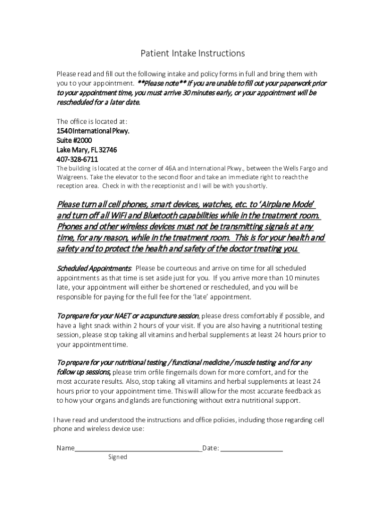 Fillable Online Patient Intake Instructions and Consent for Treatment Fax Email Print - pdfFiller