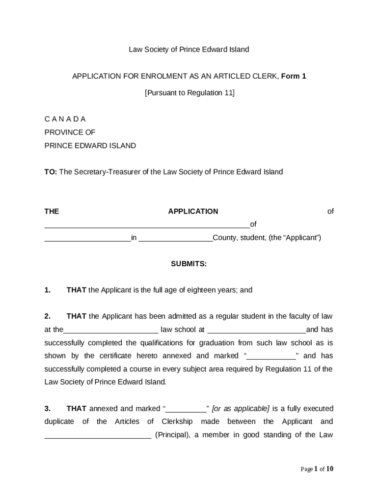 Application for Enrolment as an Articled Clerk, 1 Doc Template | pdfFiller