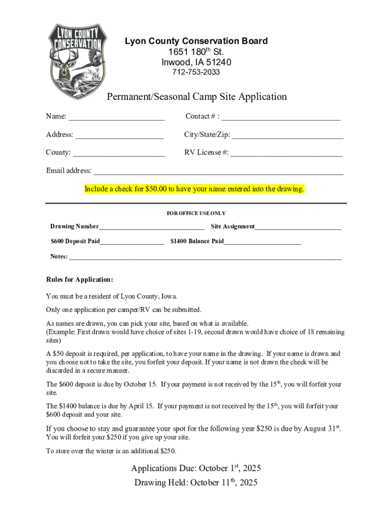 Fillable Online Lyon County Conservation Board Camp Site Application ...