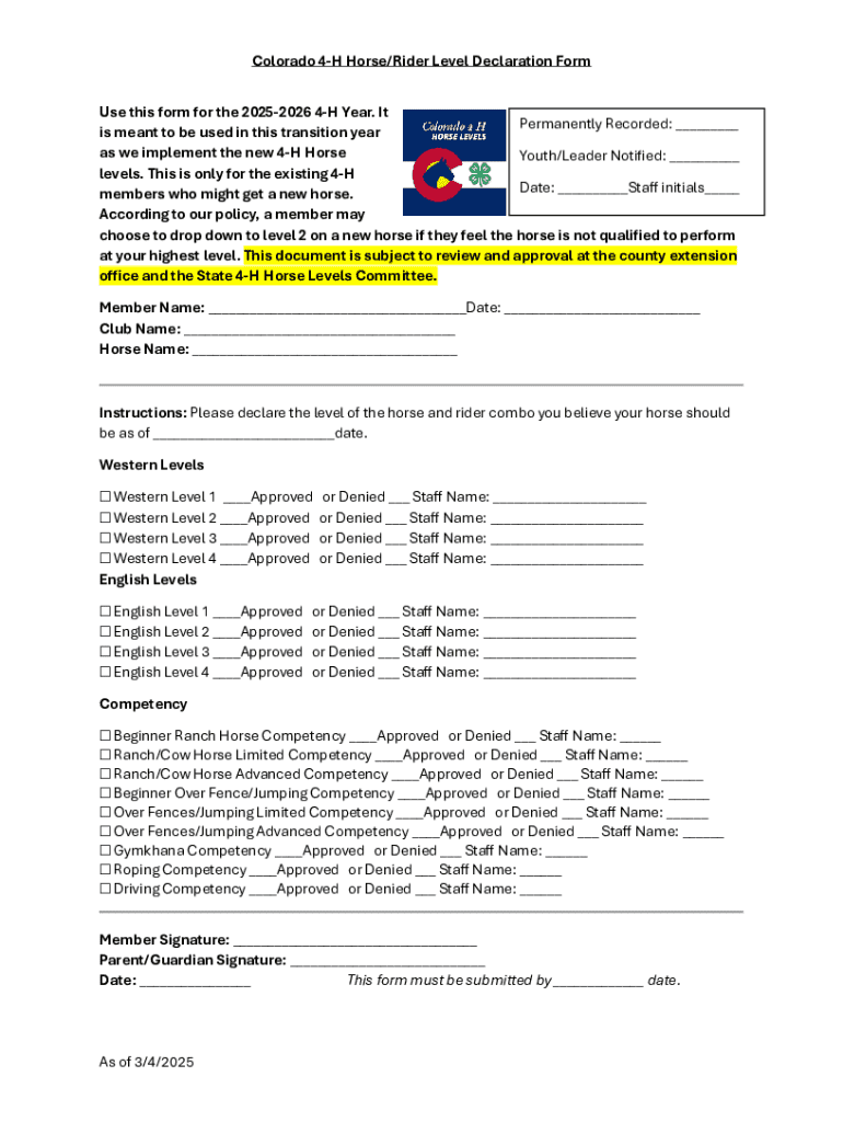 Fillable Online Colorado 4-h Horse/rider Level Declaration Fax Email Print - pdfFiller