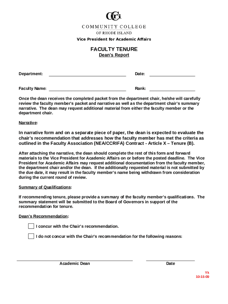 Faculty Tenure Dean's Report Doc Template | pdfFiller