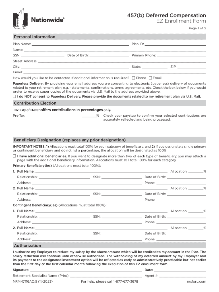 Fillable Online 457(b) Deferred Compensation Ez Enrollment Form Fax ...