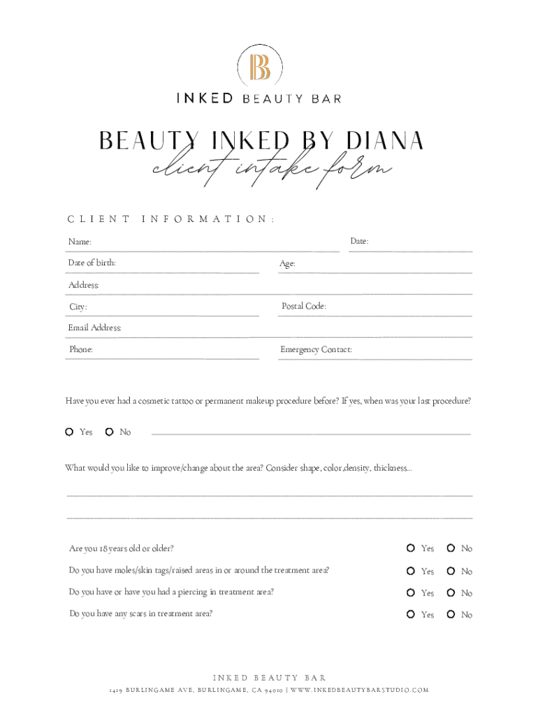 Fillable Online Client Intake Form for Beauty Inked by Diana Fax Email ...