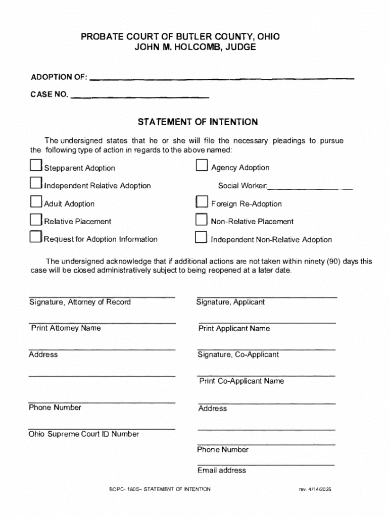 Fillable Online Butler County Probate Court - Adoption Petition Filing ...