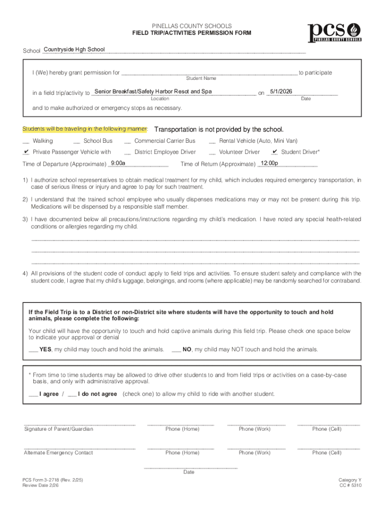 Fillable Online Pinellas County Schools Field Trip Permission Form Fax Email Print - pdfFiller