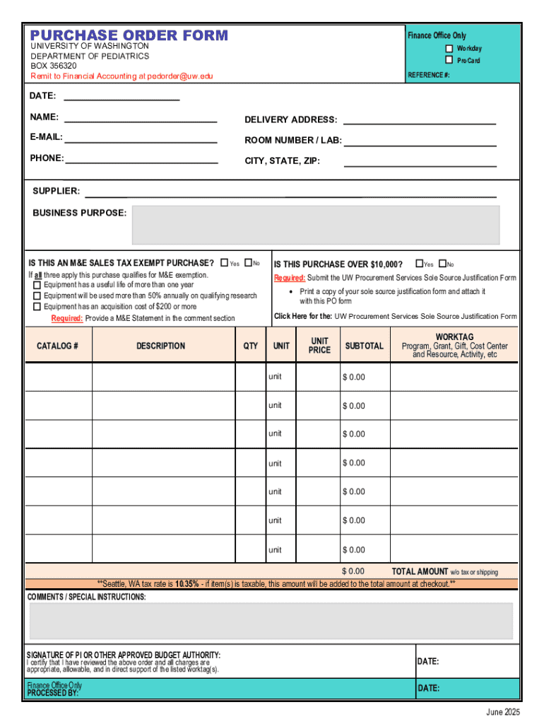Fillable Online Purchase Order Form for University of Washington Fax Email Print - pdfFiller