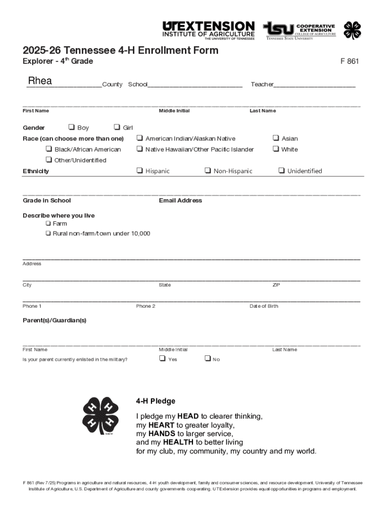 Fillable Online Tennessee 4-h Enrollment Form for 4th Grade Fax Email Print - pdfFiller