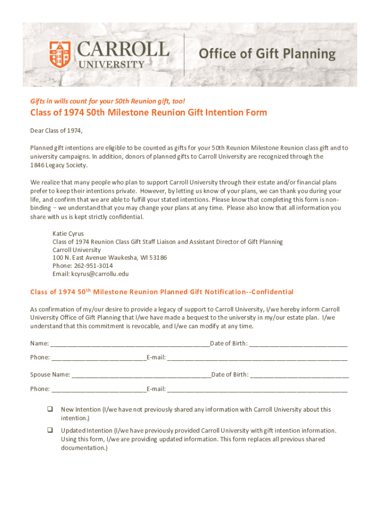 Fillable Online Class of 1974 50th Milestone Reunion Gift Intention Form Fax Email Print - pdfFiller