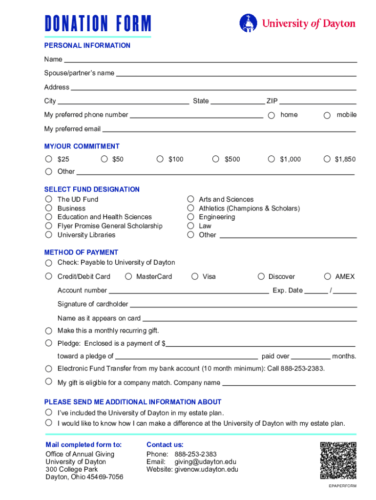 Fillable Online Donation Form for the University of Dayton Fax Email ...