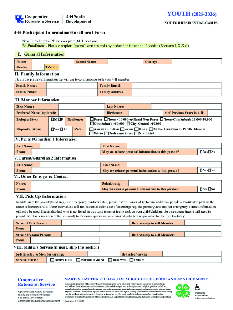 Fillable Online 4-h Youth Development Enrollment Form Fax Email Print ...