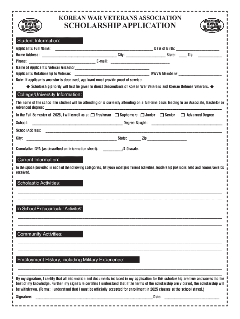 Fillable Online Korean War Veterans Association Scholarship Application Fax Email Print - pdfFiller