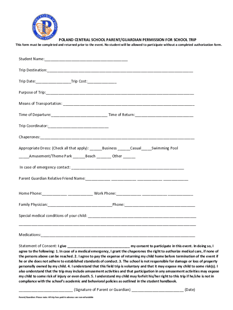 Fillable Online Parent/guardian Permission for School Trip Fax Email Print - pdfFiller