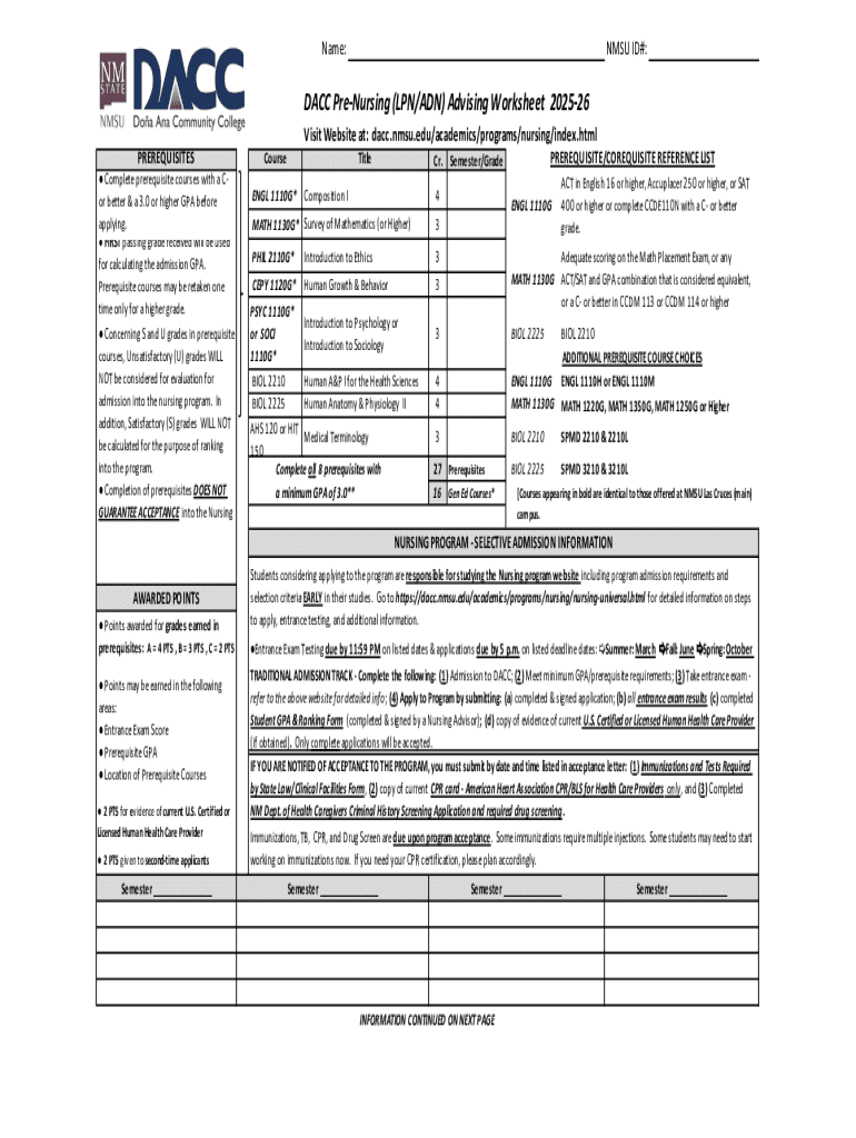 Fillable Online Dacc Pre-nursing (lpn/adn) Advising Worksheet 2025-26 ...