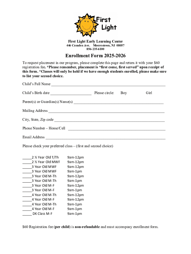 Fillable Online First Light Early Learning Center Enrollment Form Fax ...