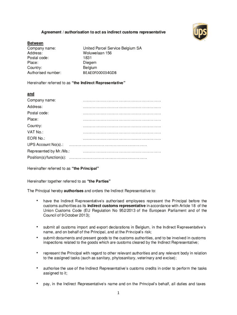 Fillable Online Agreement / Authorisation to Act as Indirect Customs ...