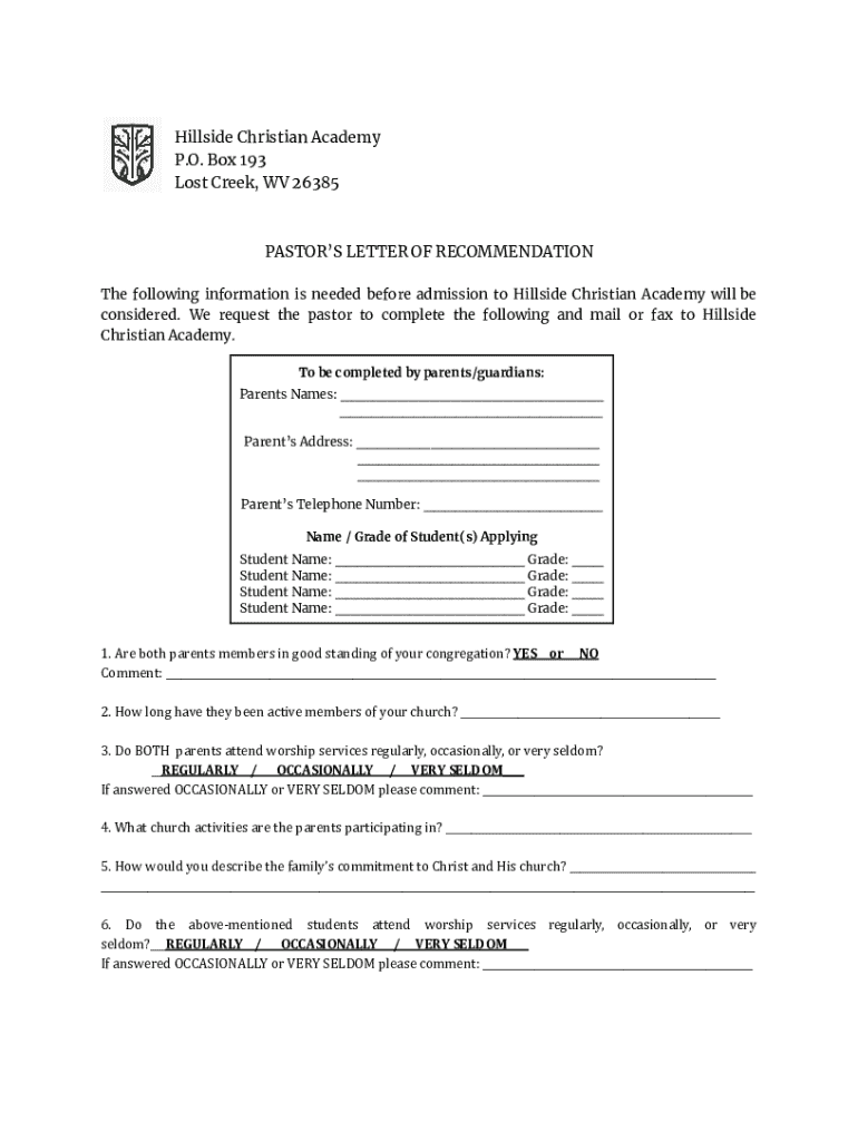 Fillable Online Pastor’s Letter of Recommendation for Hillside Christian Academy Fax Email Print ...