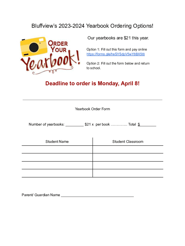 Fillable Online Bluffview Yearbook Ordering Options Fax Email Print - pdfFiller