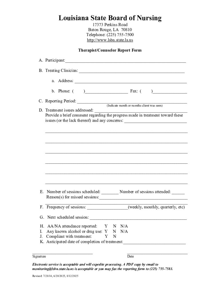 Fillable Online Therapist/counselor Report Form Fax Email Print - pdfFiller