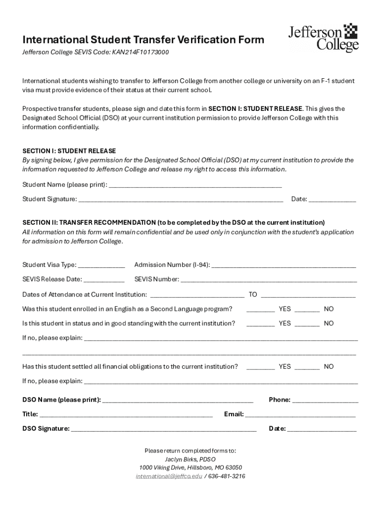 Fillable Online International Student Transfer Verification Form Fax ...