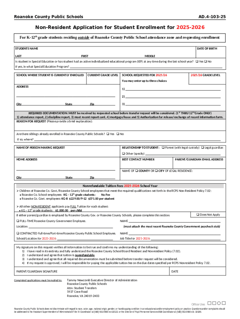 Non-resident Application for Student Enrollment for 2025-2026 Doc ...