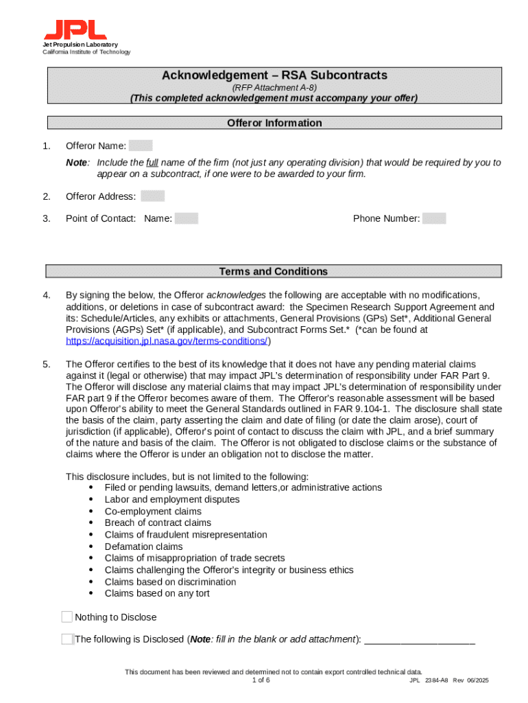 Acknowledgement – Rsa Subcontracts (rfp Attachment a-8) - acquisition jpl nasa Doc Template ...