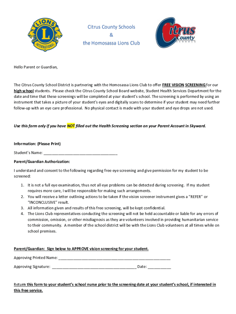 Fillable Online Citrus County Schools Vision Screening Consent Form Fax ...