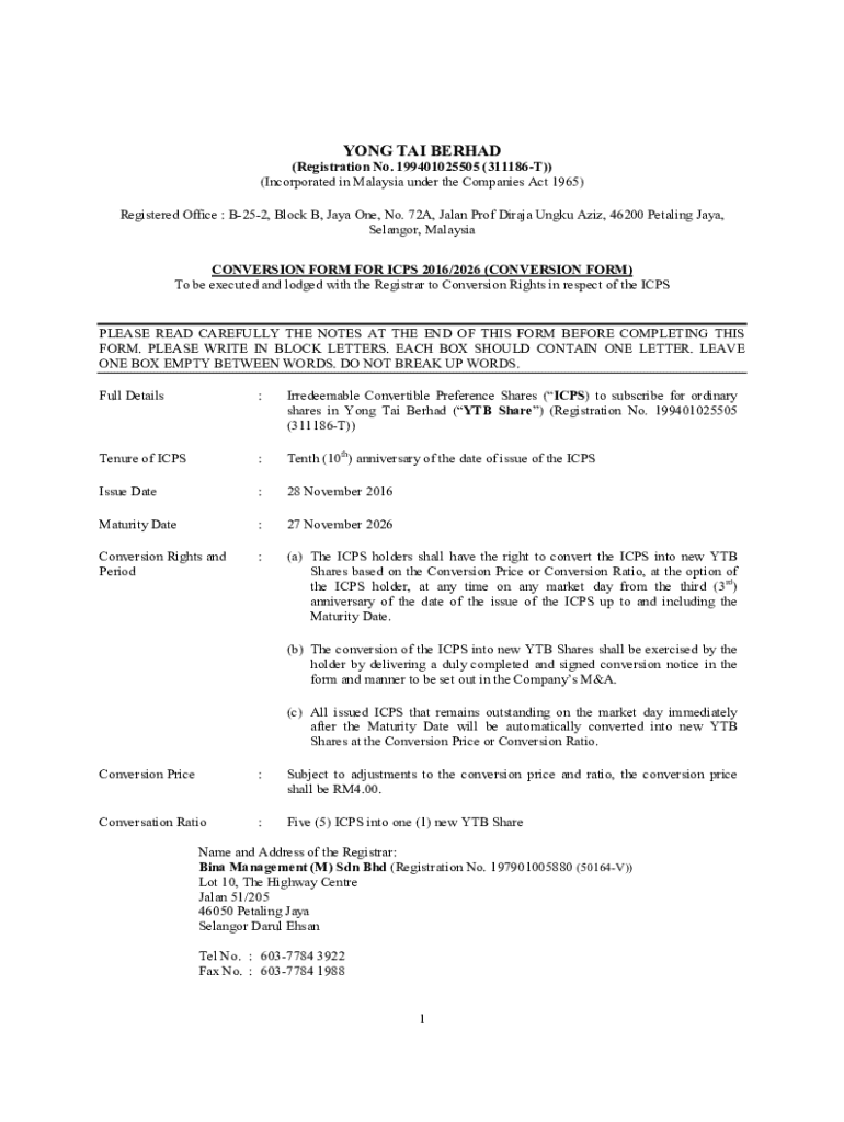 Fillable Online Conversion Form for Icps 2016/2026 Fax Email Print - pdfFiller