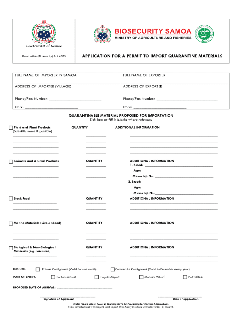 Fillable Online Application for a Permit to Import Quarantine Materials ...