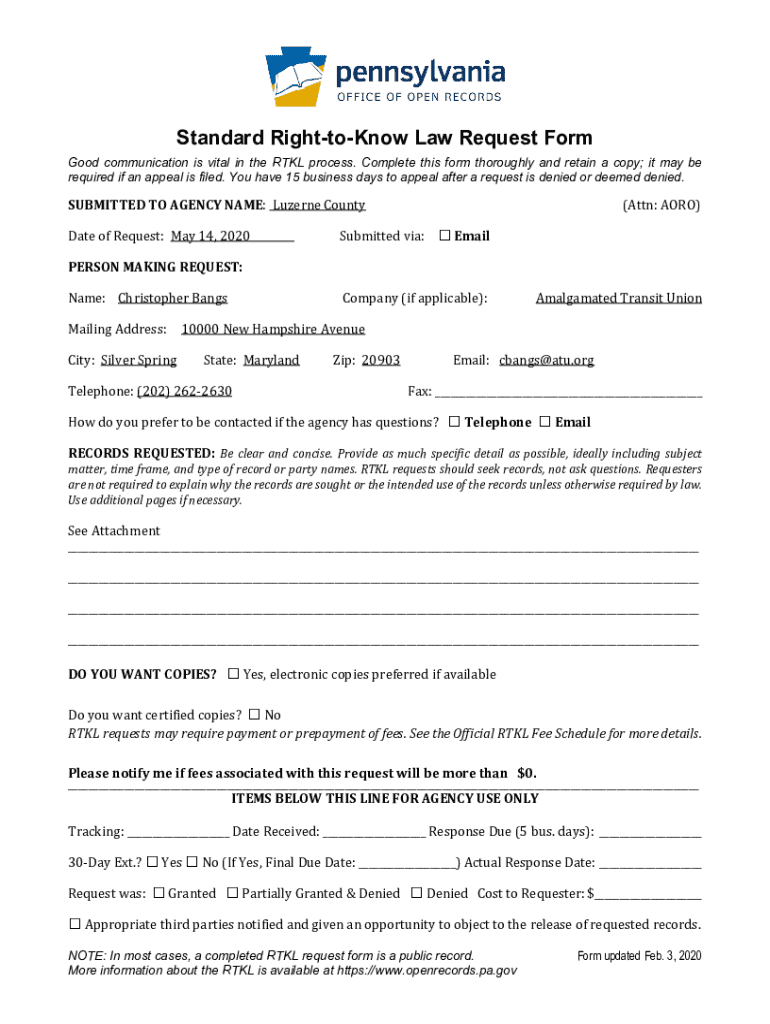 Fillable Online Right-to-know Law Request Fax Email Print - pdfFiller