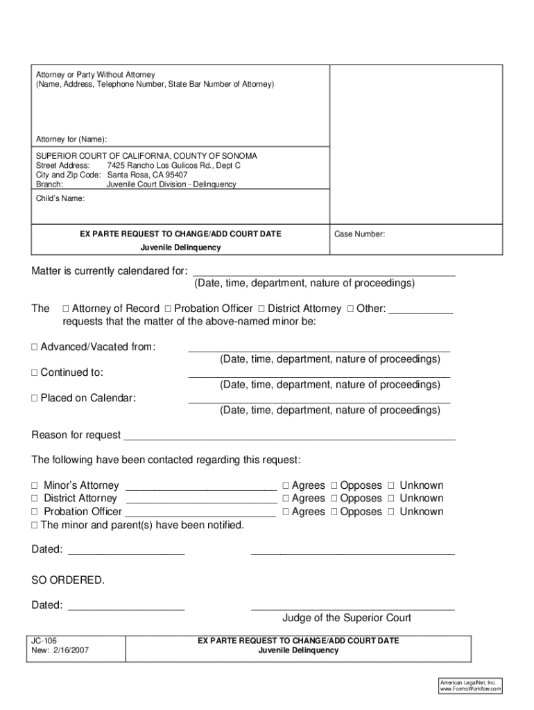 Fillable Online Ex Parte Request to Change/add Court Date Fax Email ...