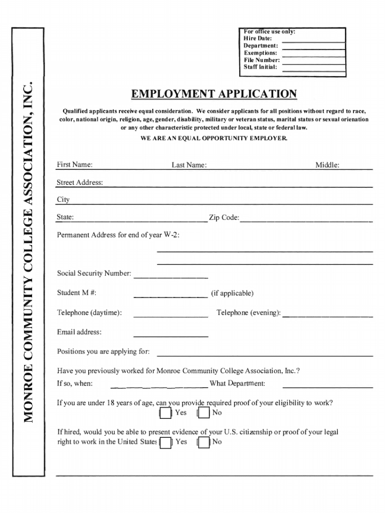 Fillable Online Monroe Community College Employment Application Fax ...