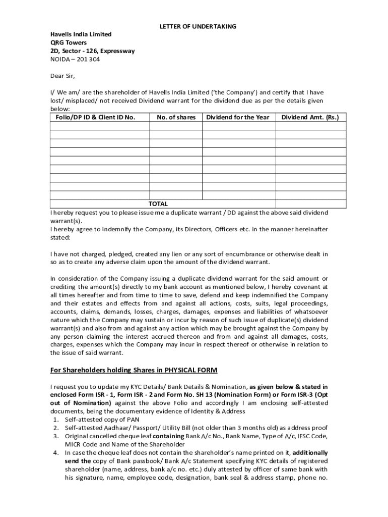 Fillable Online Letter of Undertaking for Duplicate Dividend Warrant Fax Email Print - pdfFiller