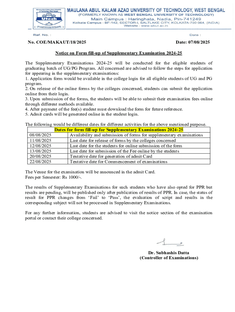 Fillable Online Notice on Form Fill-up of Supplementary Examination ...