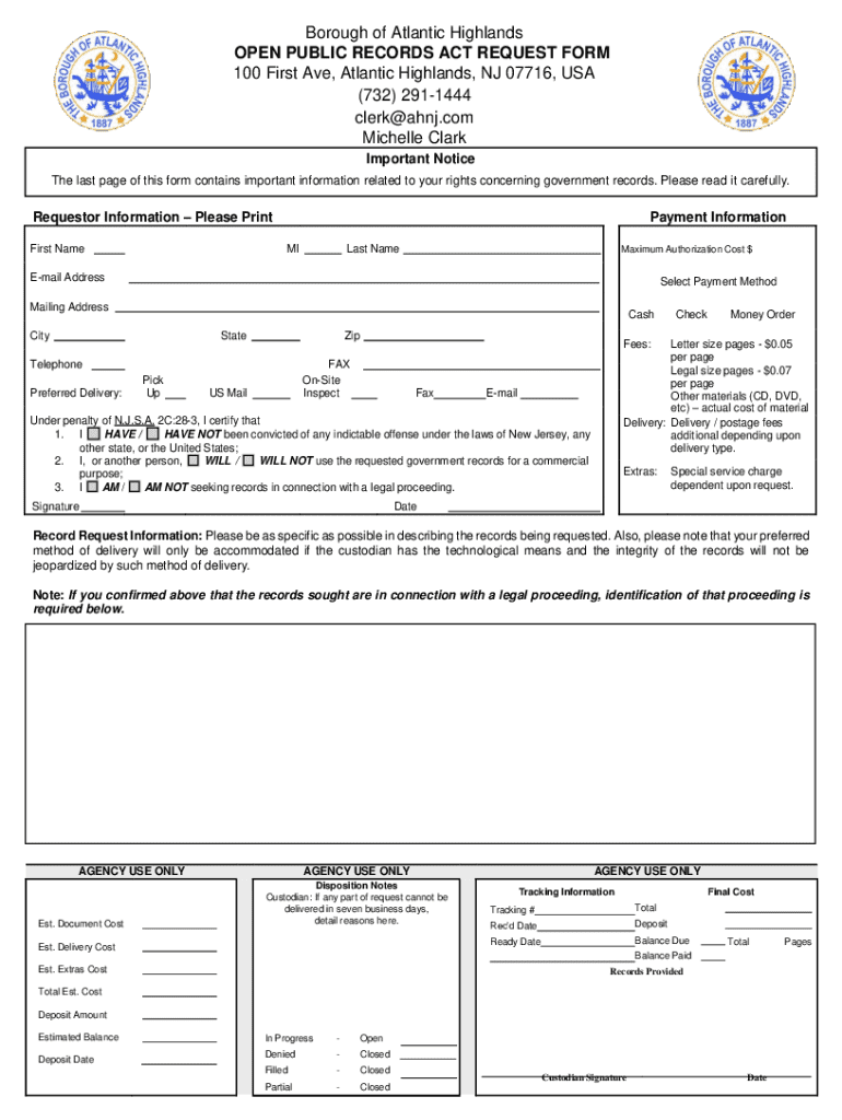 Fillable Online Borough of Atlantic Highlands Open Public Records Act ...