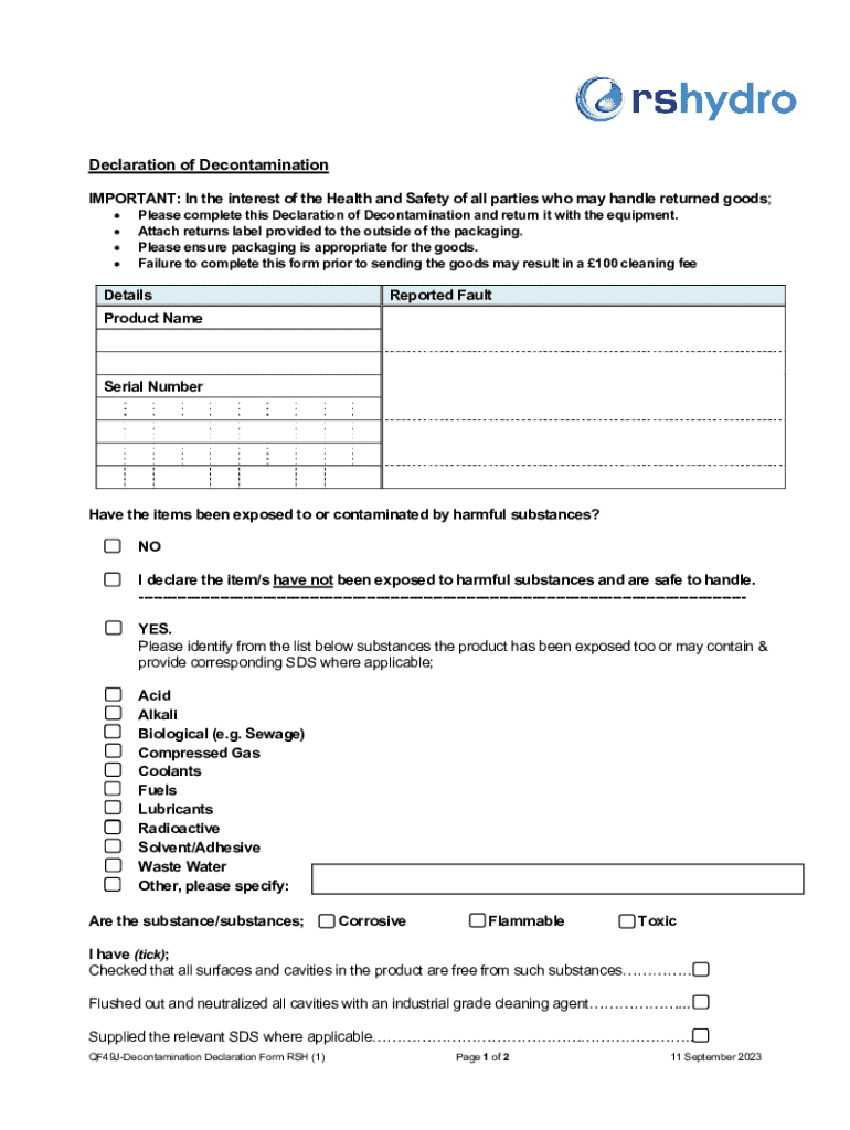 Fillable Online Declaration of Decontamination Fax Email Print - pdfFiller