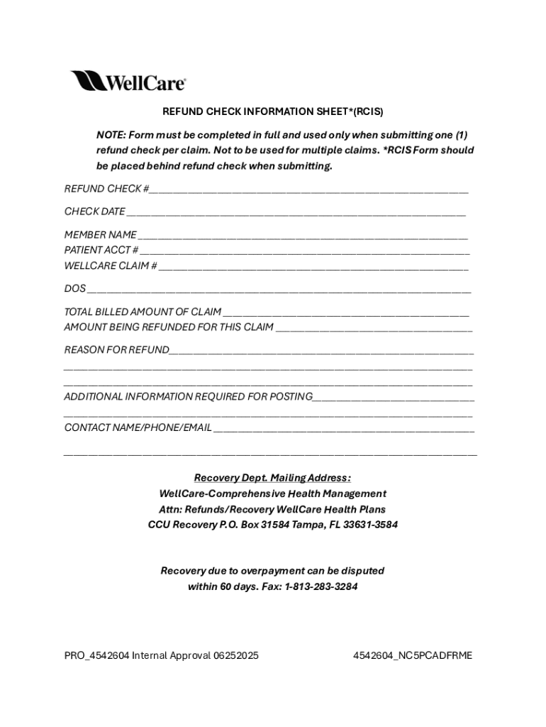 Fillable Online Refund Check Information Sheet (rcis) Fax Email Print ...