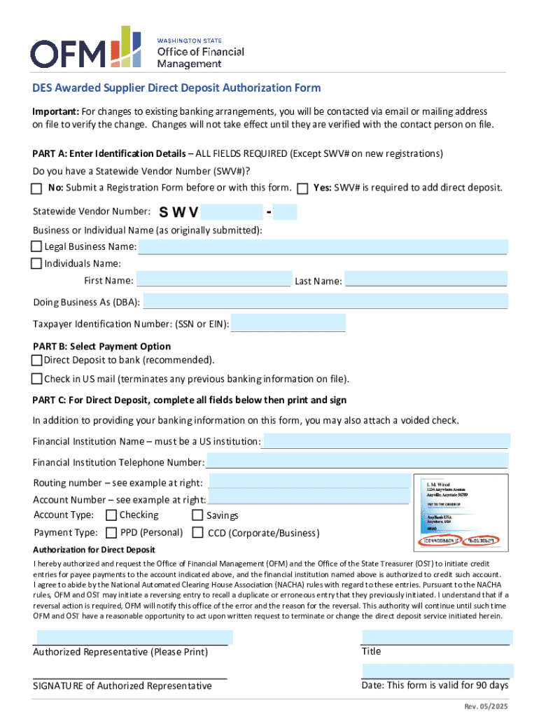 Fillable Online Des Awarded Supplier Direct Deposit Authorization Form Fax Email Print - pdfFiller