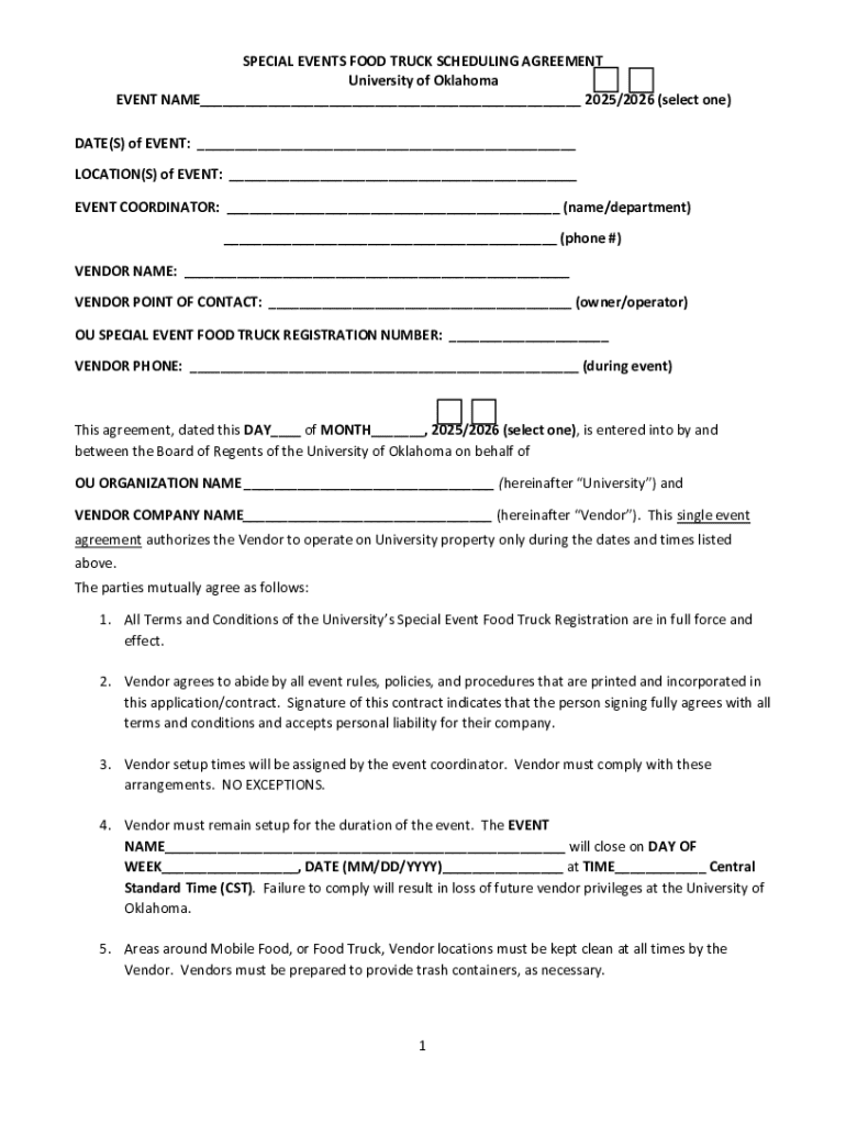 Fillable Online Special Events Food Truck Scheduling Agreement Fax ...