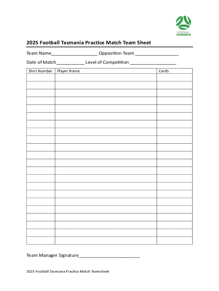Fillable Online 2025 Football Tasmania Practice Match Team Sheet Fax ...
