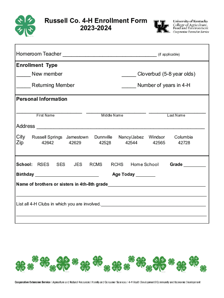 Fillable Online 4-h Enrollment Form 2023-2024 Fax Email Print - pdfFiller
