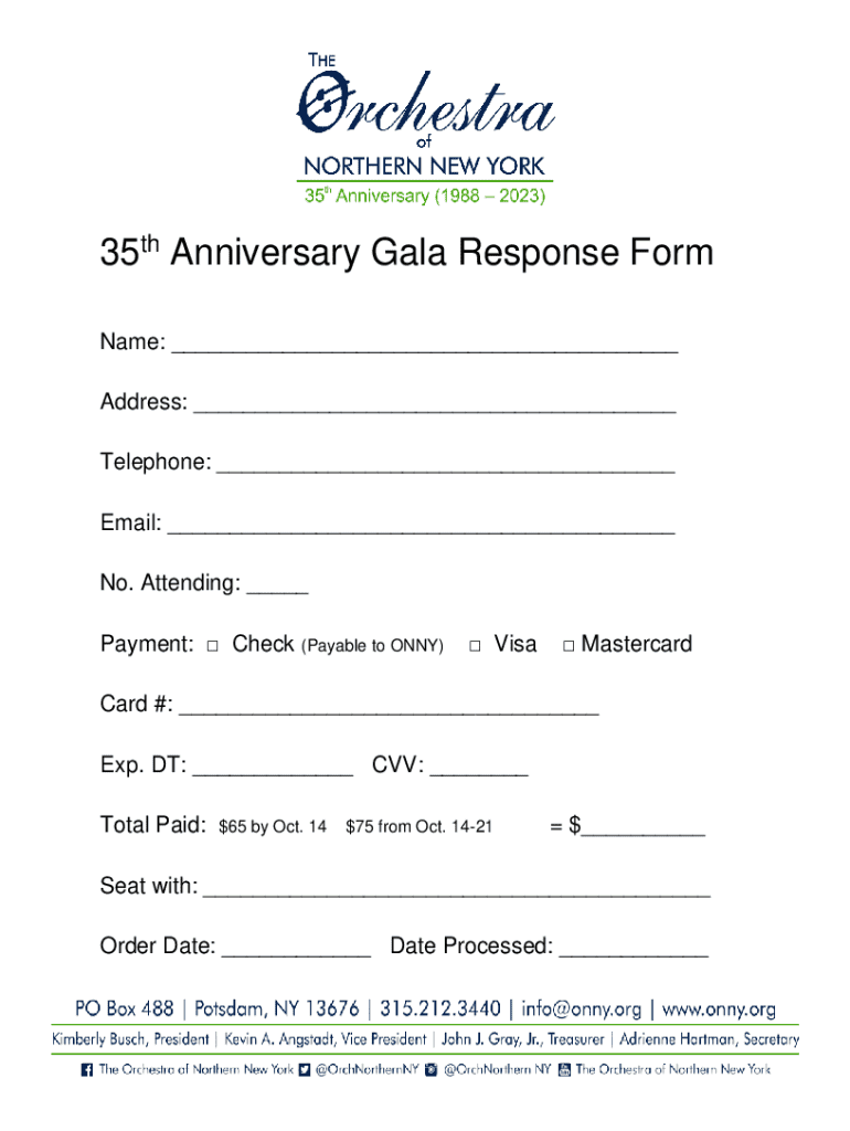 Fillable Online 35th Anniversary Gala Response Form Fax Email Print - pdfFiller