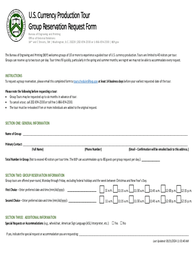 Fillable Online Group Reservation Request for U.s. Currency Production Tour Fax Email Print ...