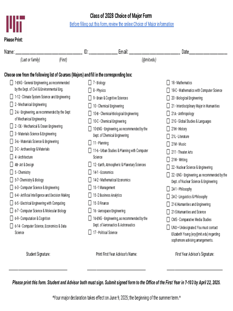 Fillable Online Class of 2028 Choice of Major Fax Email Print - pdfFiller