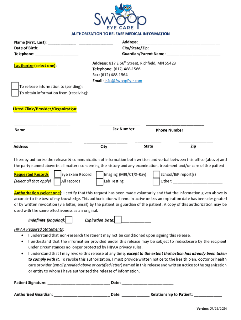 Fillable Online Authorization to Release Medical Information Fax Email Print - pdfFiller